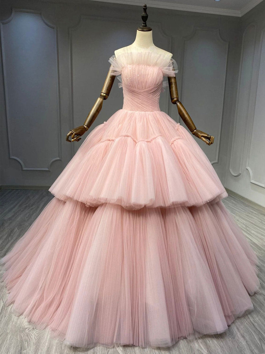 Pink tulle long prom dress pink long sweet 16 dress – 24prom